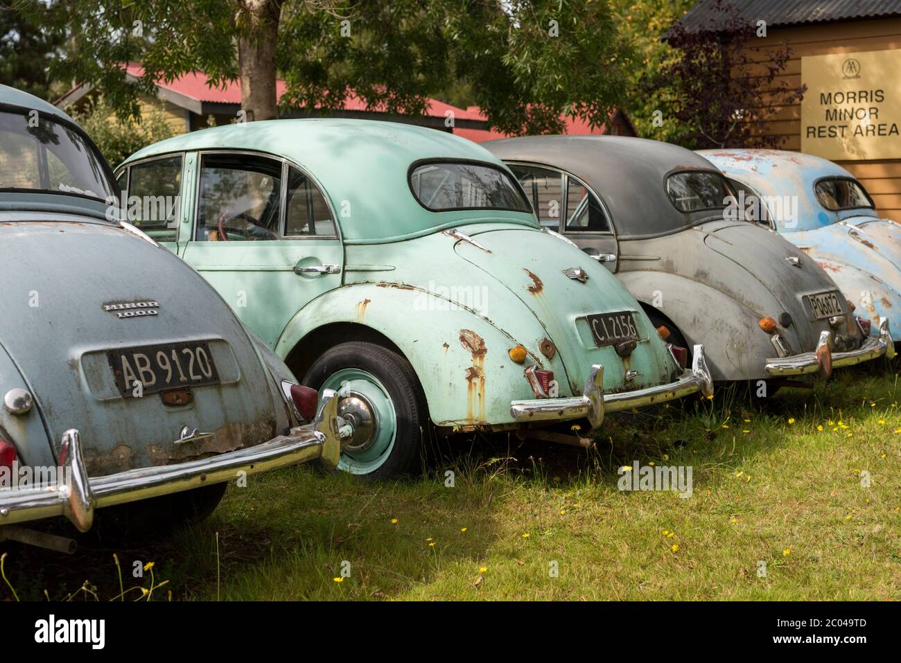 Old Morris Minor vintage cars parked on a campground at Manapouri New ...