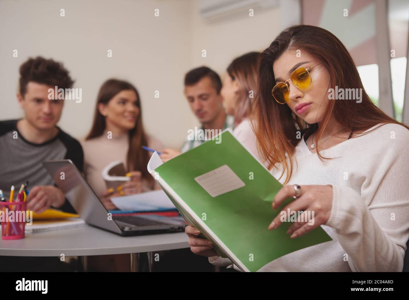 Concentration, achivement concept. Beautiful female university student ...