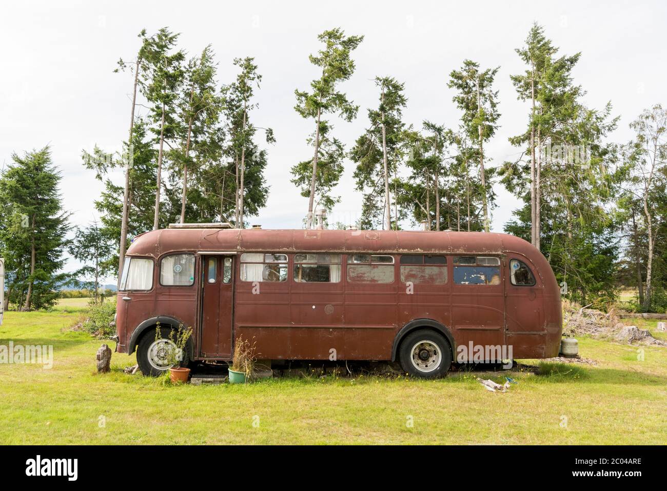 A old ford coach or bus rusting on a campsite at Manapouri New Zealand ...