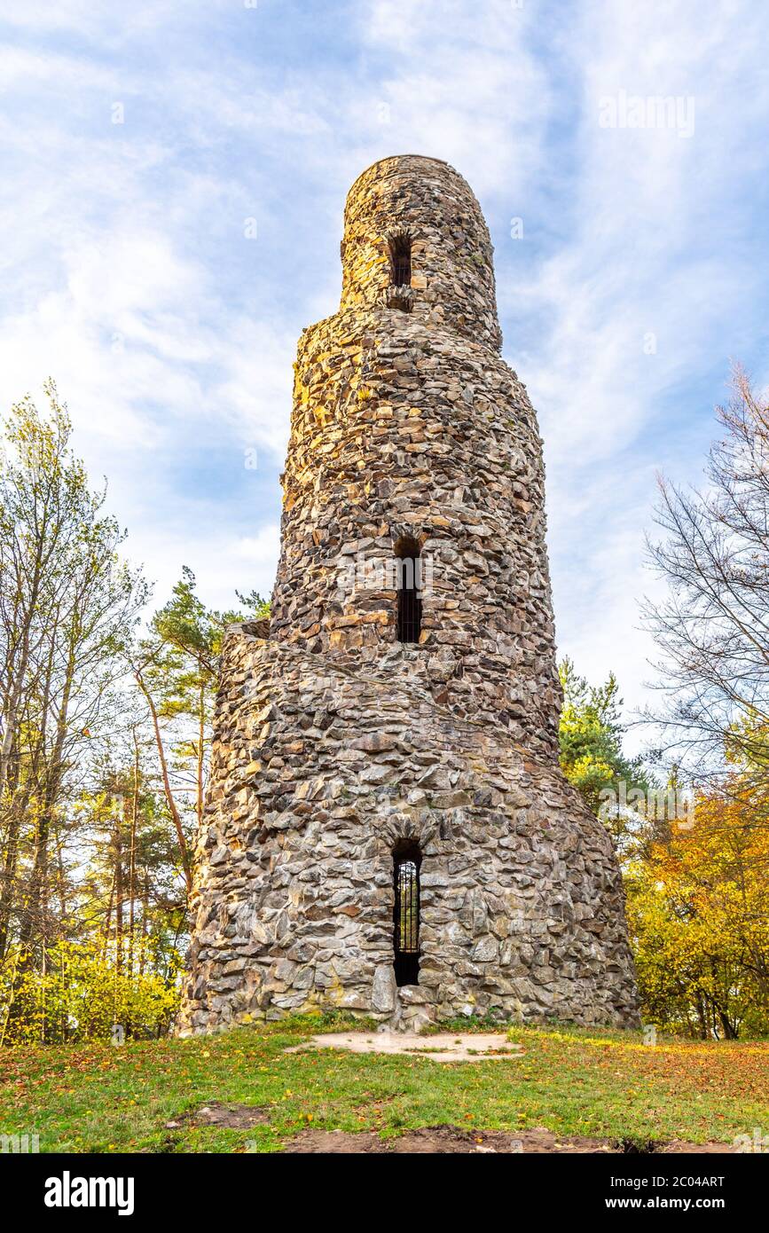 Spiral lookout tower of Krasno. Unusual stone landmark near Krasno ...