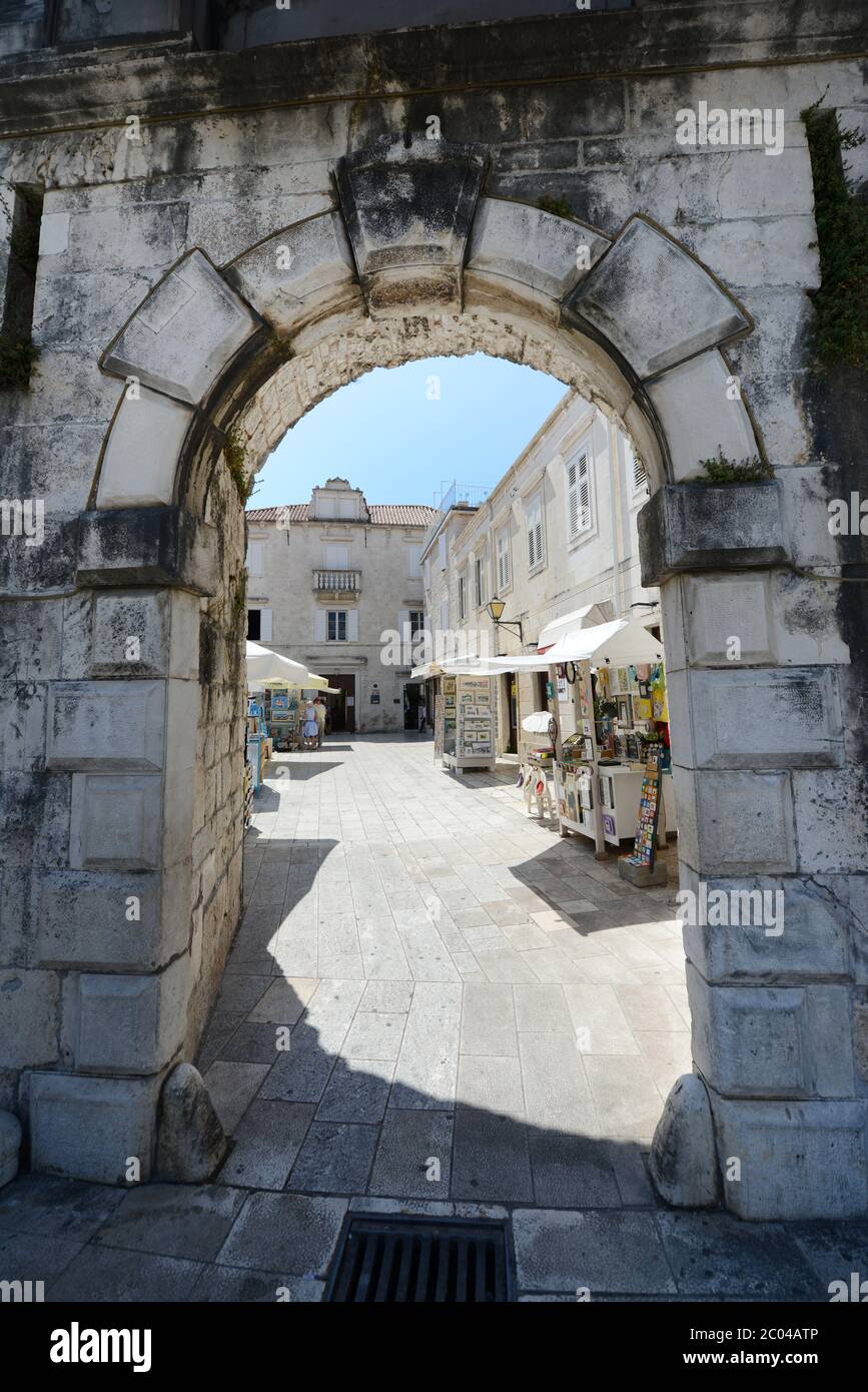 A gate leading in and out of the old city of Trogir in Croatia Stock ...