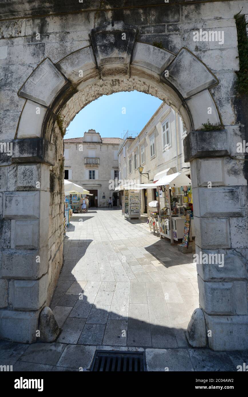 A gate leading in and out of the old city of Trogir in Croatia Stock ...