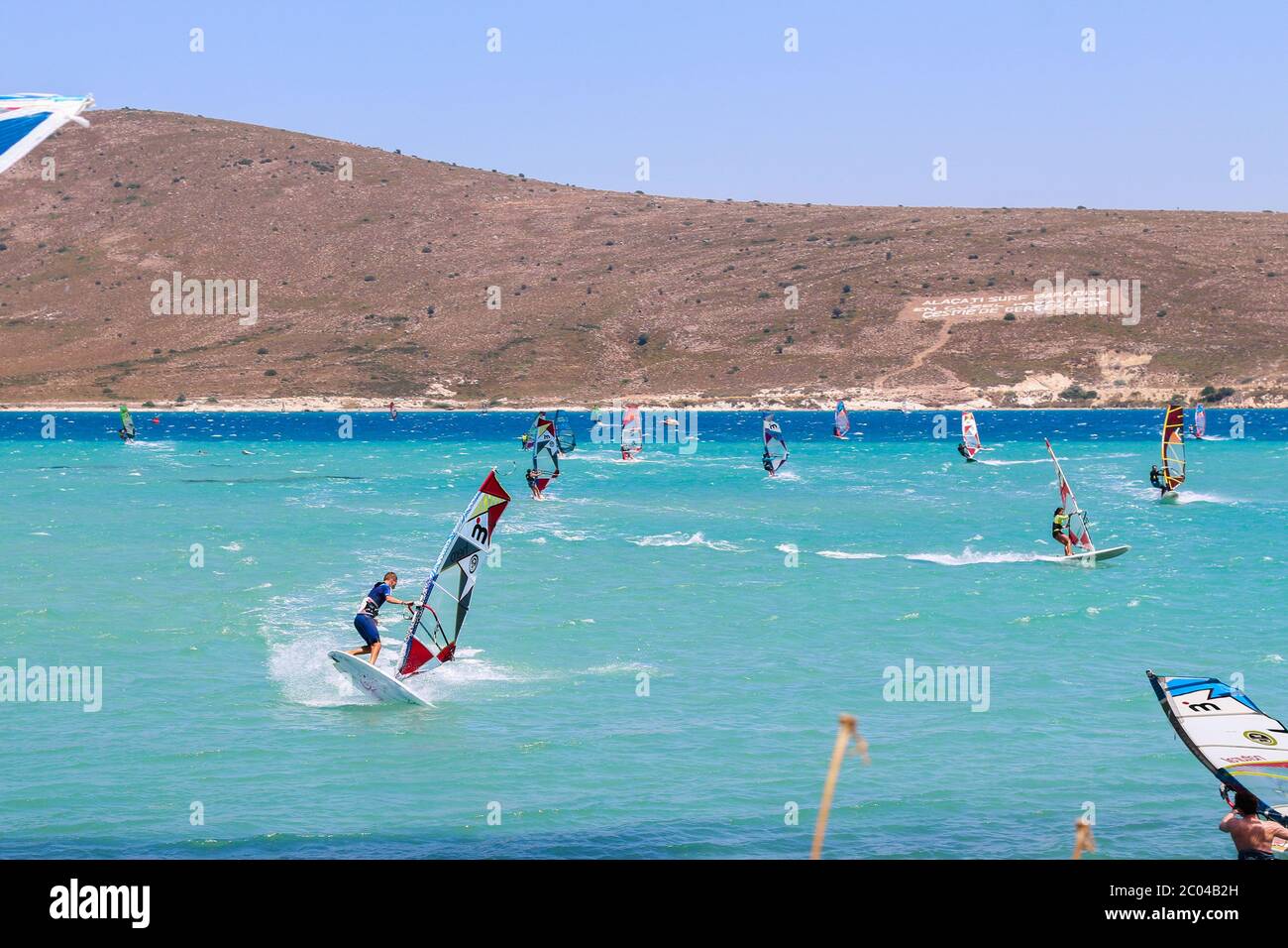 Surfer making a turn trick during preparations for PWA World Tour ...