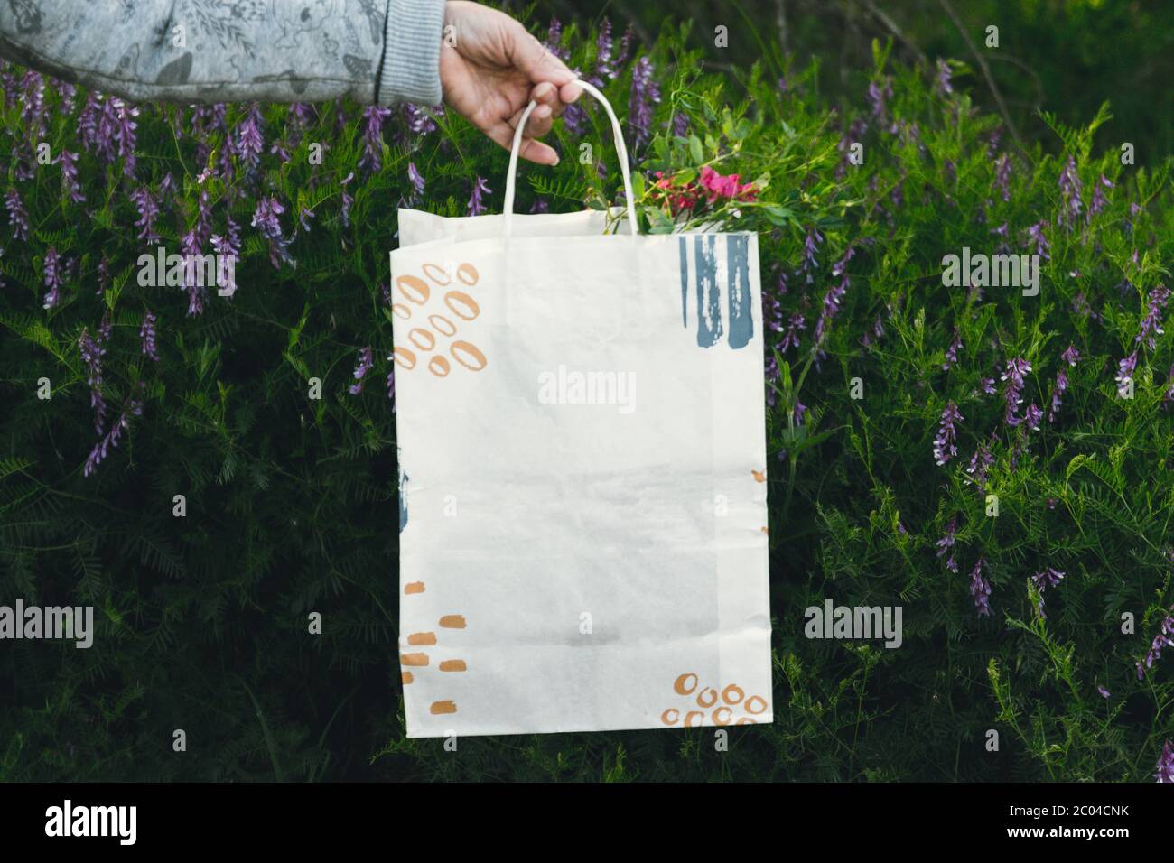 Hand holding shopping paper bags with copy space on a natural blurred ...