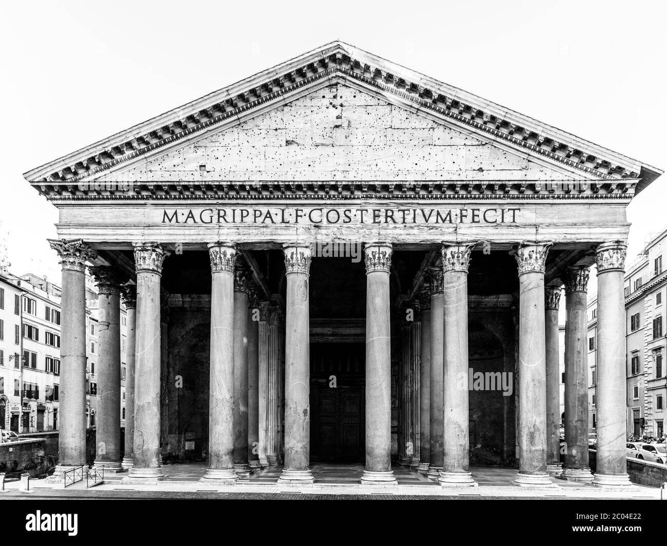 Pantheon in Rome, Italy. Front view of portico with classical columns ...