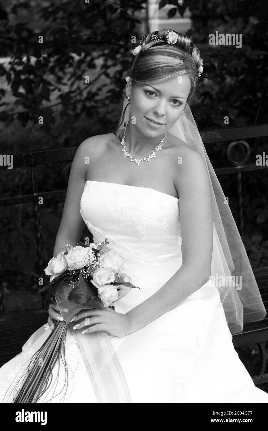 Beautiful bride getting ready wedding Black and White Stock Photos ...