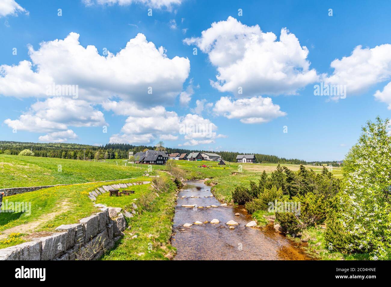 Sunny summer day in Jizerka mountain village. Jizerka river, green ...