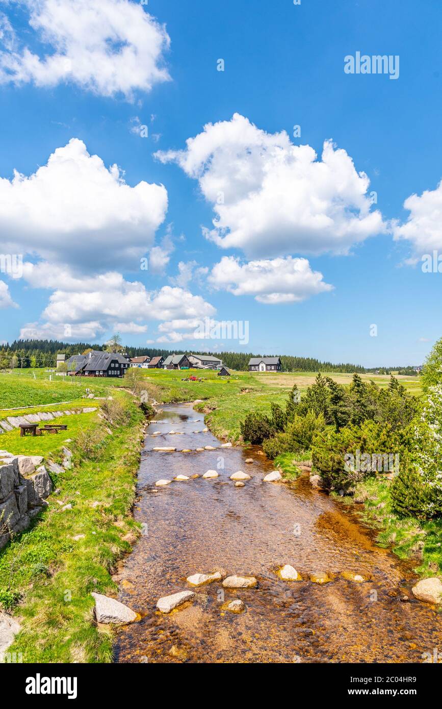 Sunny summer day in Jizerka mountain village. Jizerka river, green ...