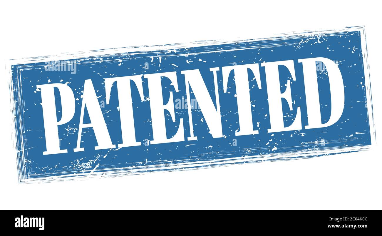 PATENTED blue rectangle grungy stamp Stock Photo - Alamy