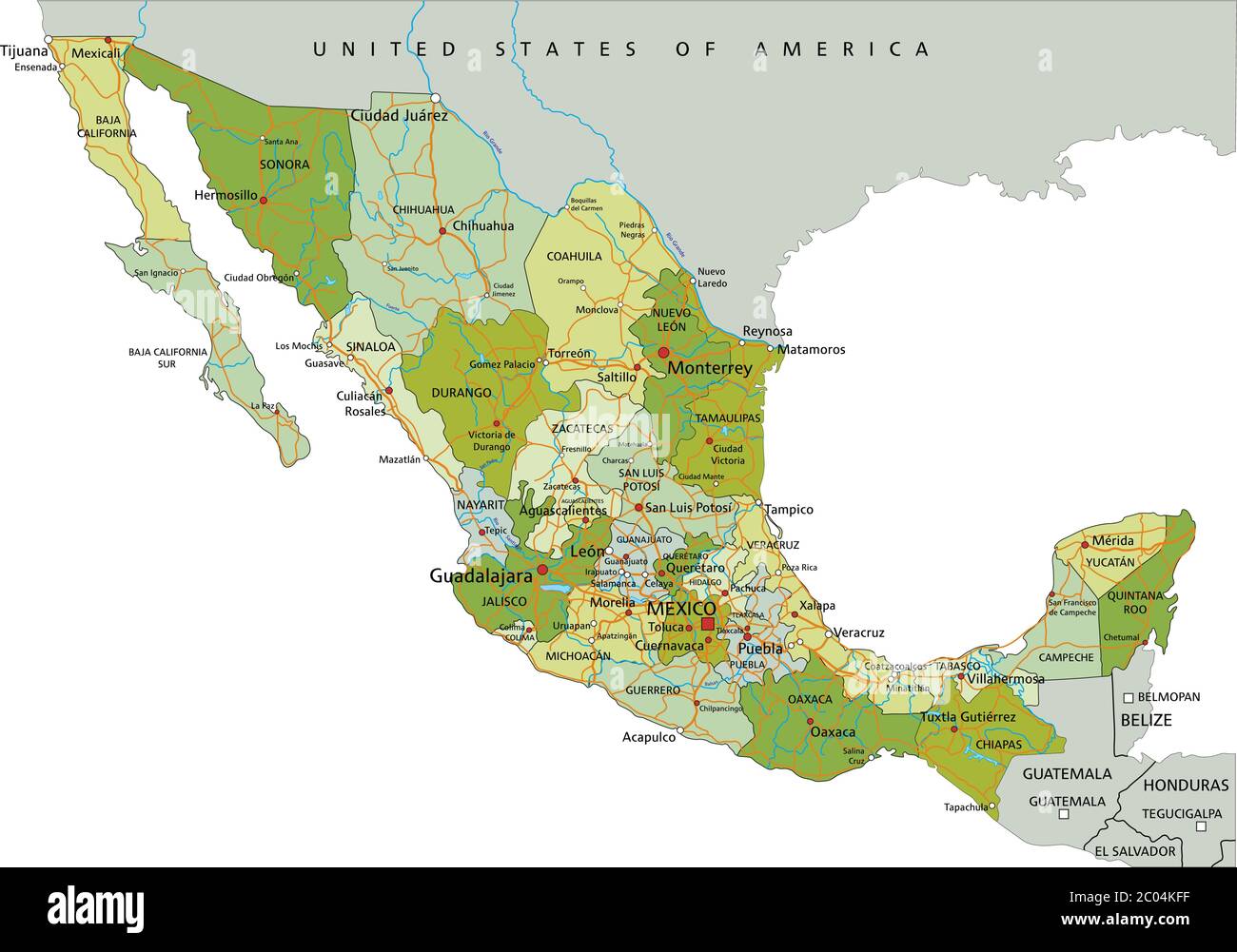 Highly detailed editable political map with separated layers. Mexico ...