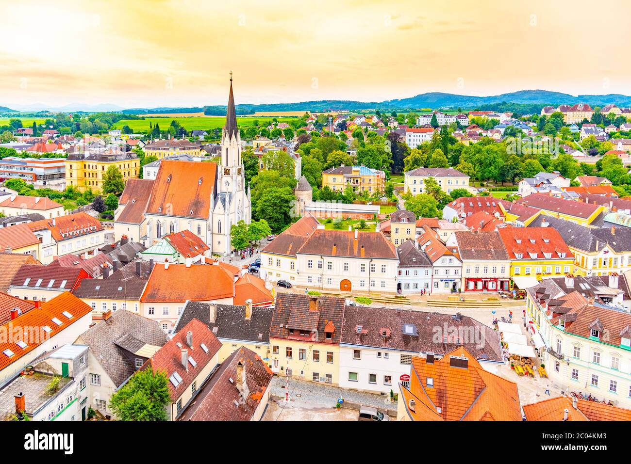 Aerial view of Melk town and Church of Assumption of St. Mary, Austria ...