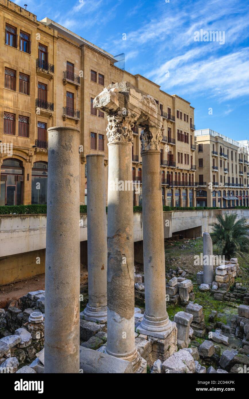 Roman columns near the Forum of Berytus ancient city in Beirut, Lebanon ...