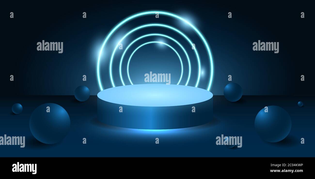 3d dark blue cylinder stand with sphere and glowing light blue ring ...