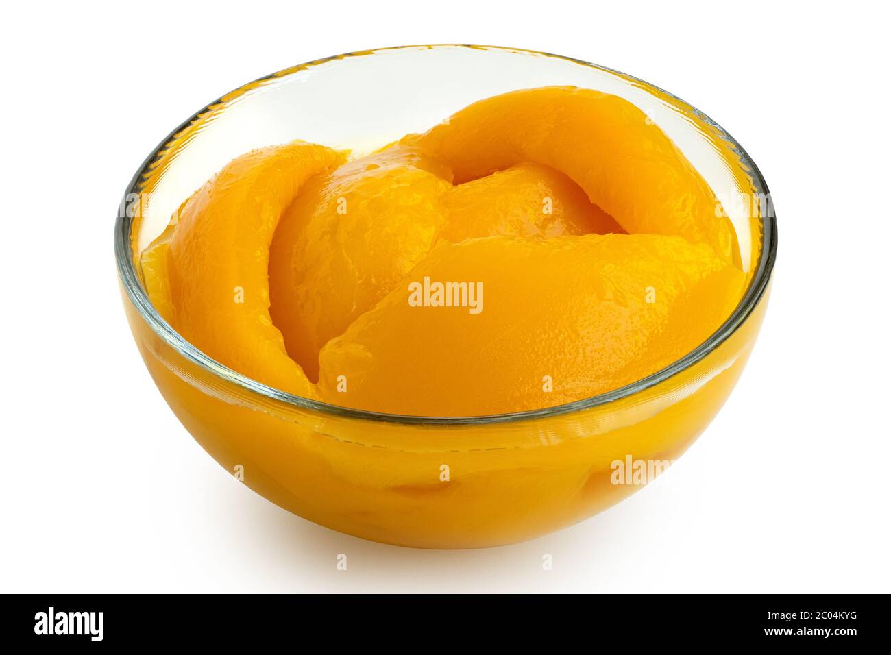 Canned mango slices in syrup in a glass bowl isolated on white. High ...