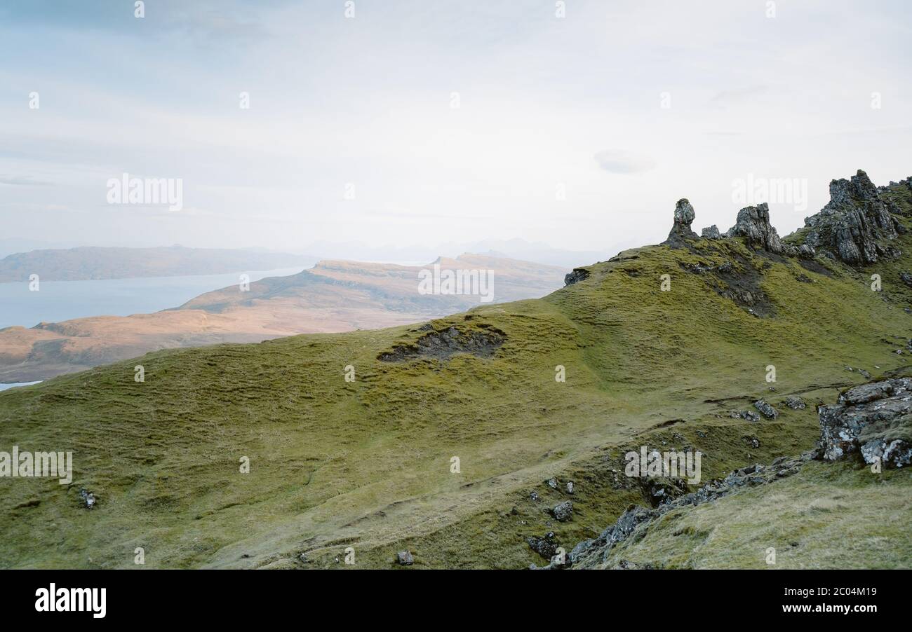 Famous exposed rocks Old Man of Storr, north hill in the Isle of Skye ...