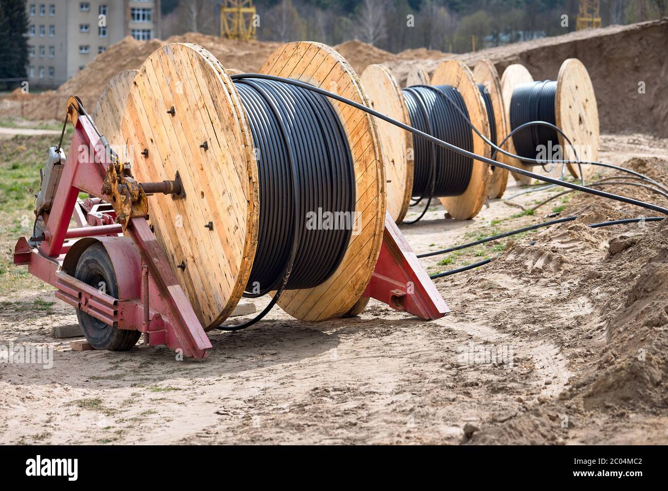 Concept of electricity supply for construction projects. Several wooden ...