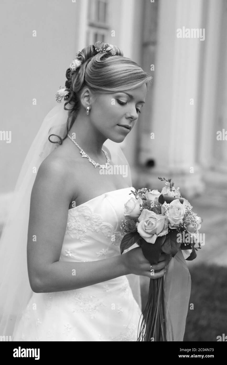 Beautiful bride getting ready wedding Black and White Stock Photos ...