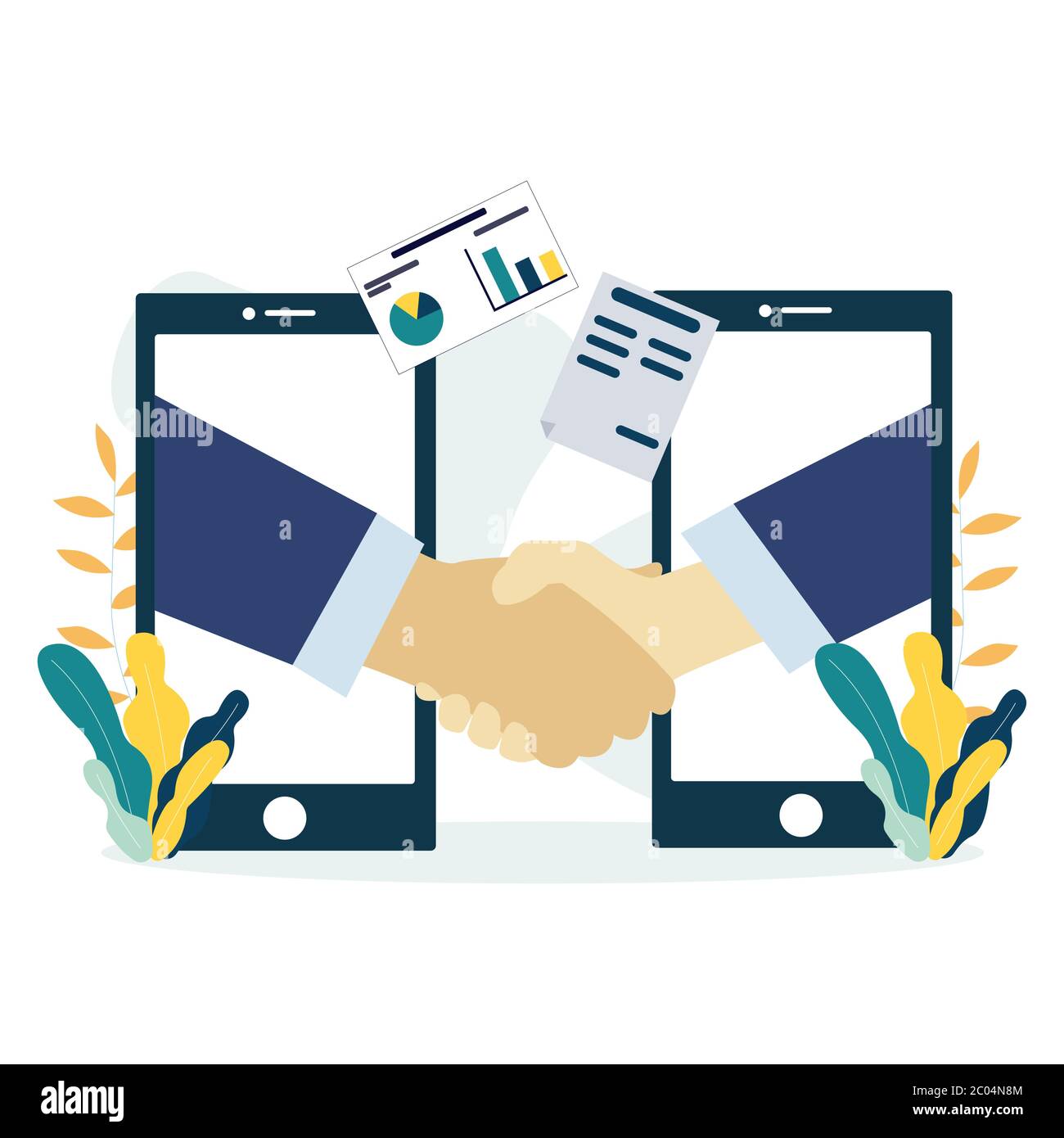 People shaking hands through mobile phone screens. Handshake ...