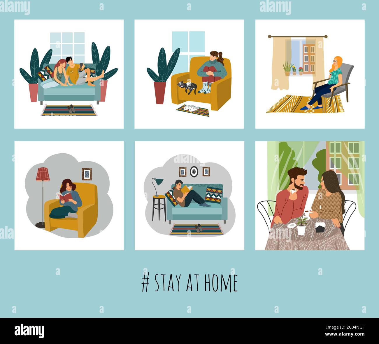 Set of vector illustration with people at home. Concept for self ...