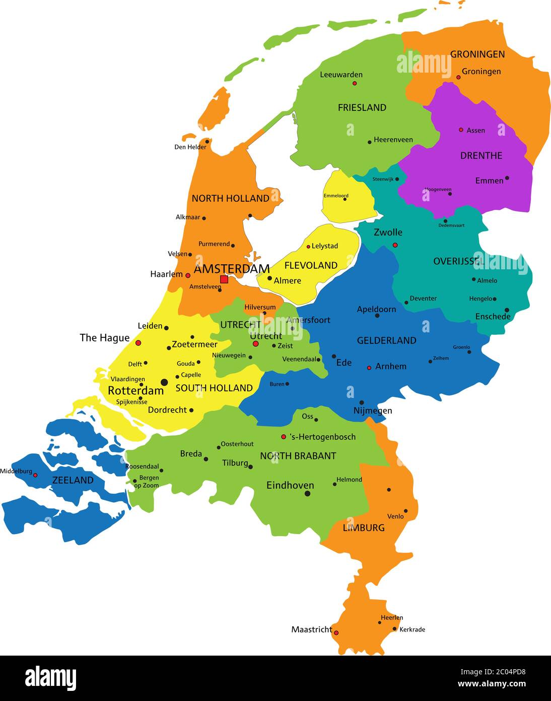 Colorful Netherlands political map with clearly labeled, separated ...