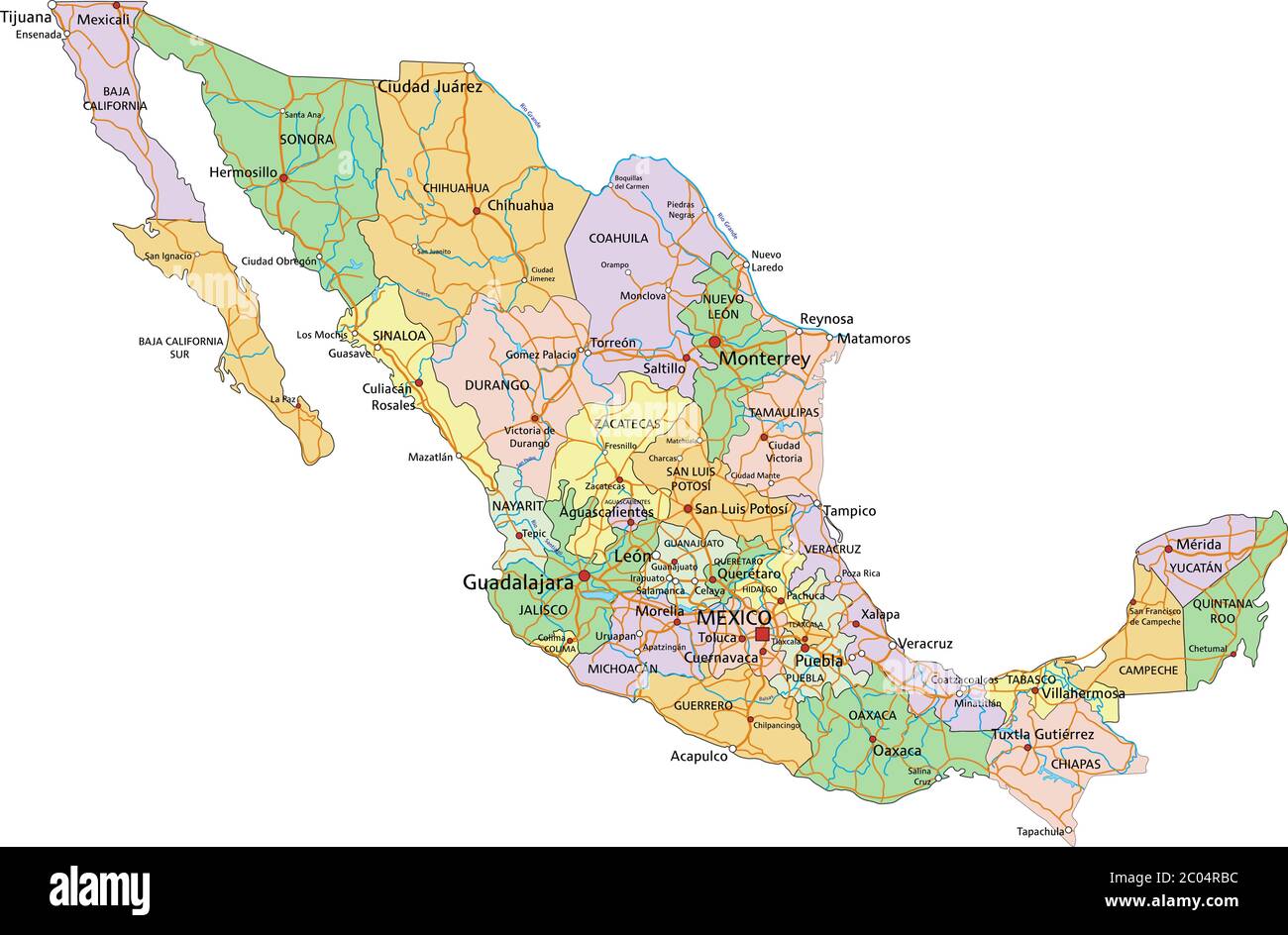 Mexico - Highly detailed editable political map with labeling Stock ...