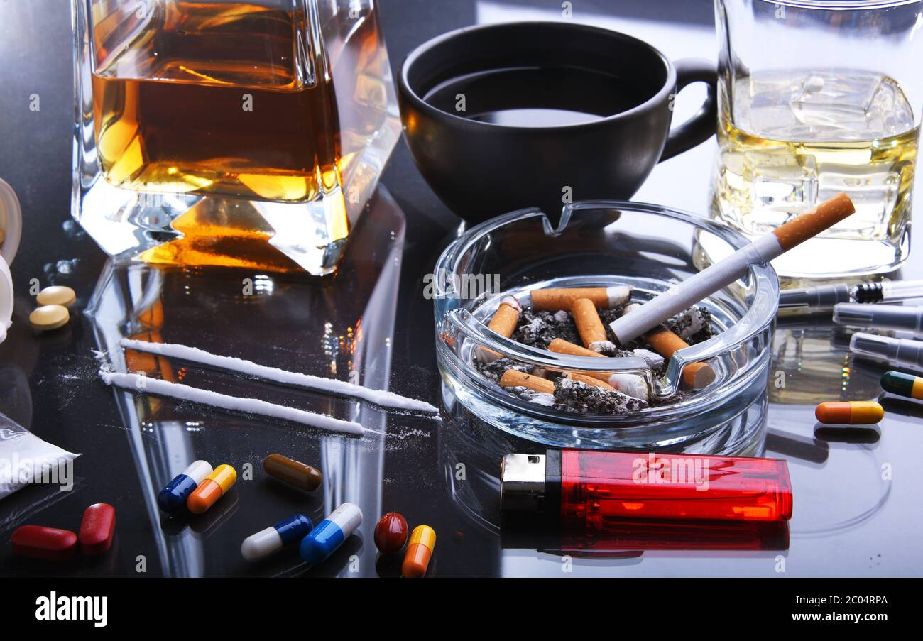 Addictive substances, including alcohol, cigarettes and drugs Stock ...