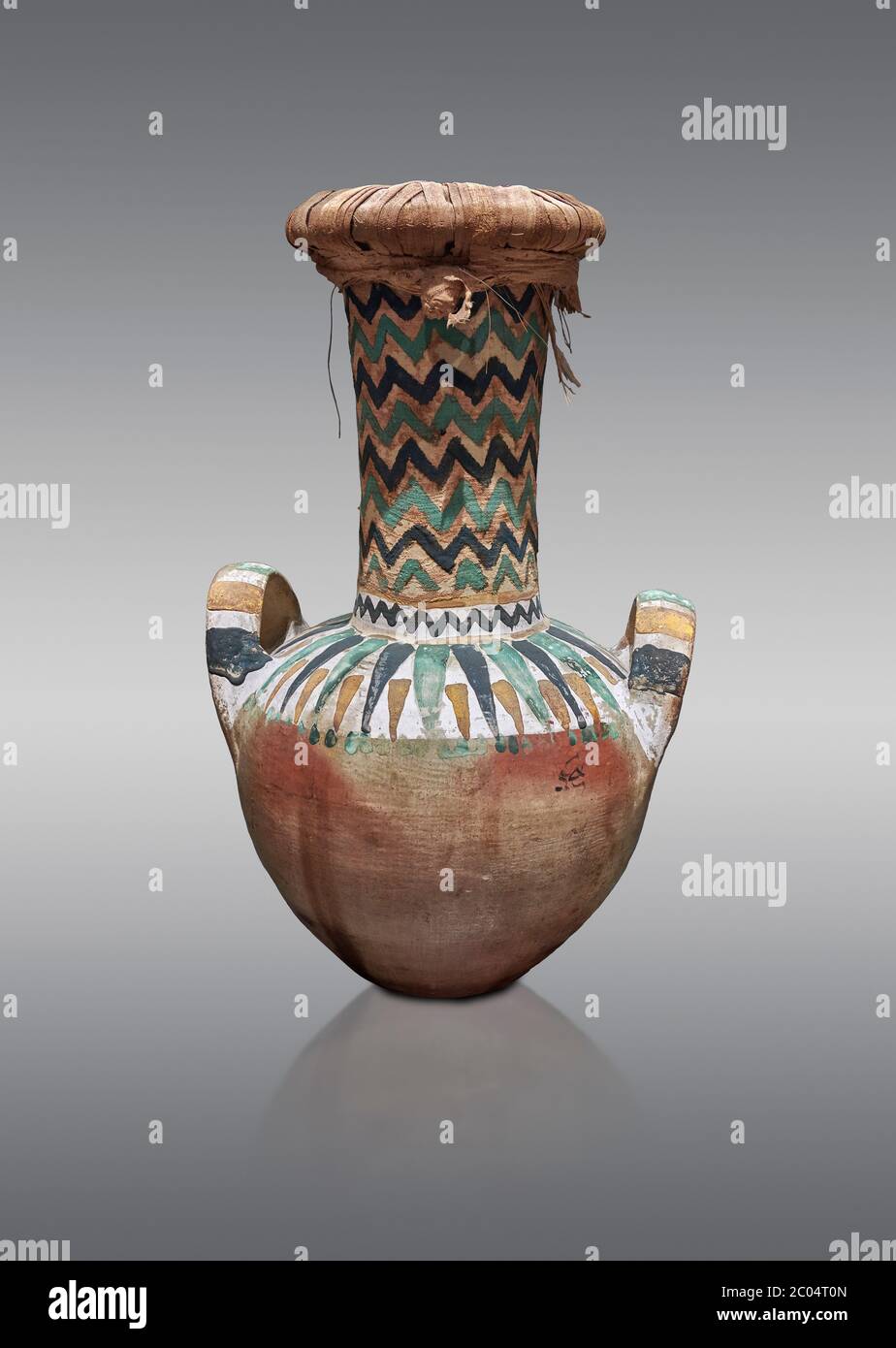 Ancient Egyptian decorated jar sealed with linen , tomb of Kha, Theban ...