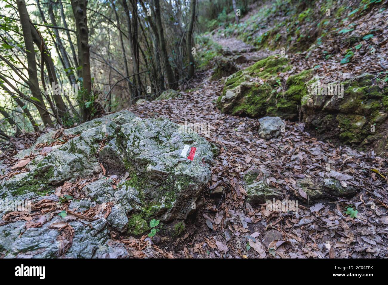 Sign on a Chouwan Lake trail in Jabal Moussa Biosphere Reserve on the ...