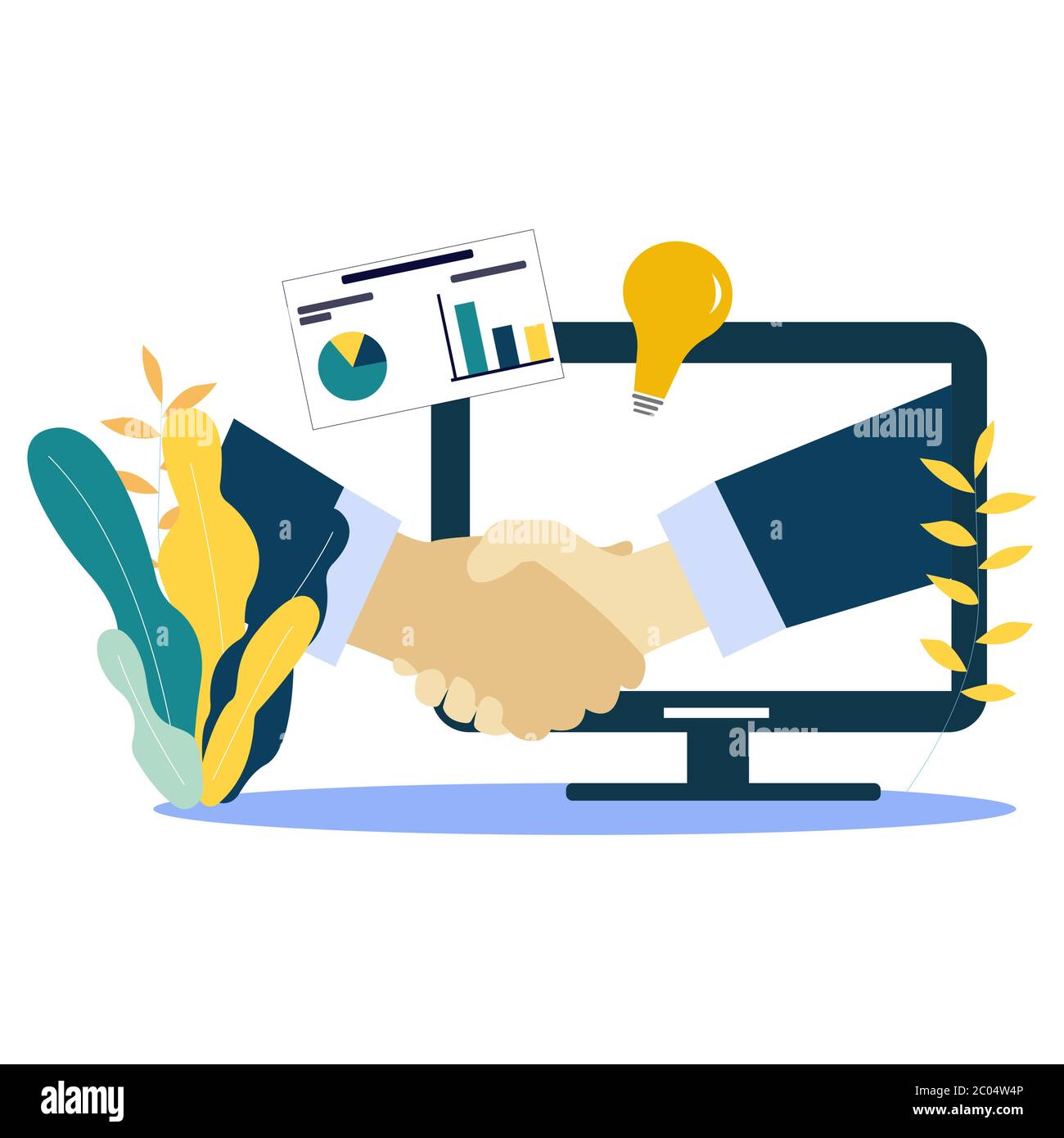 People shaking hands through computer screen. Handshake, trust or ...