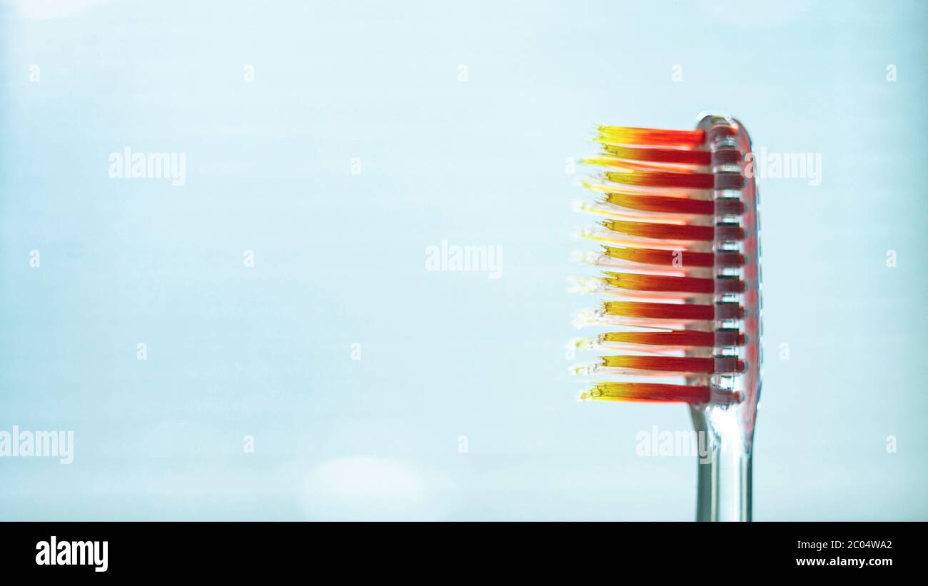 Transparent toothbrush with orange bristles, side view on the light ...