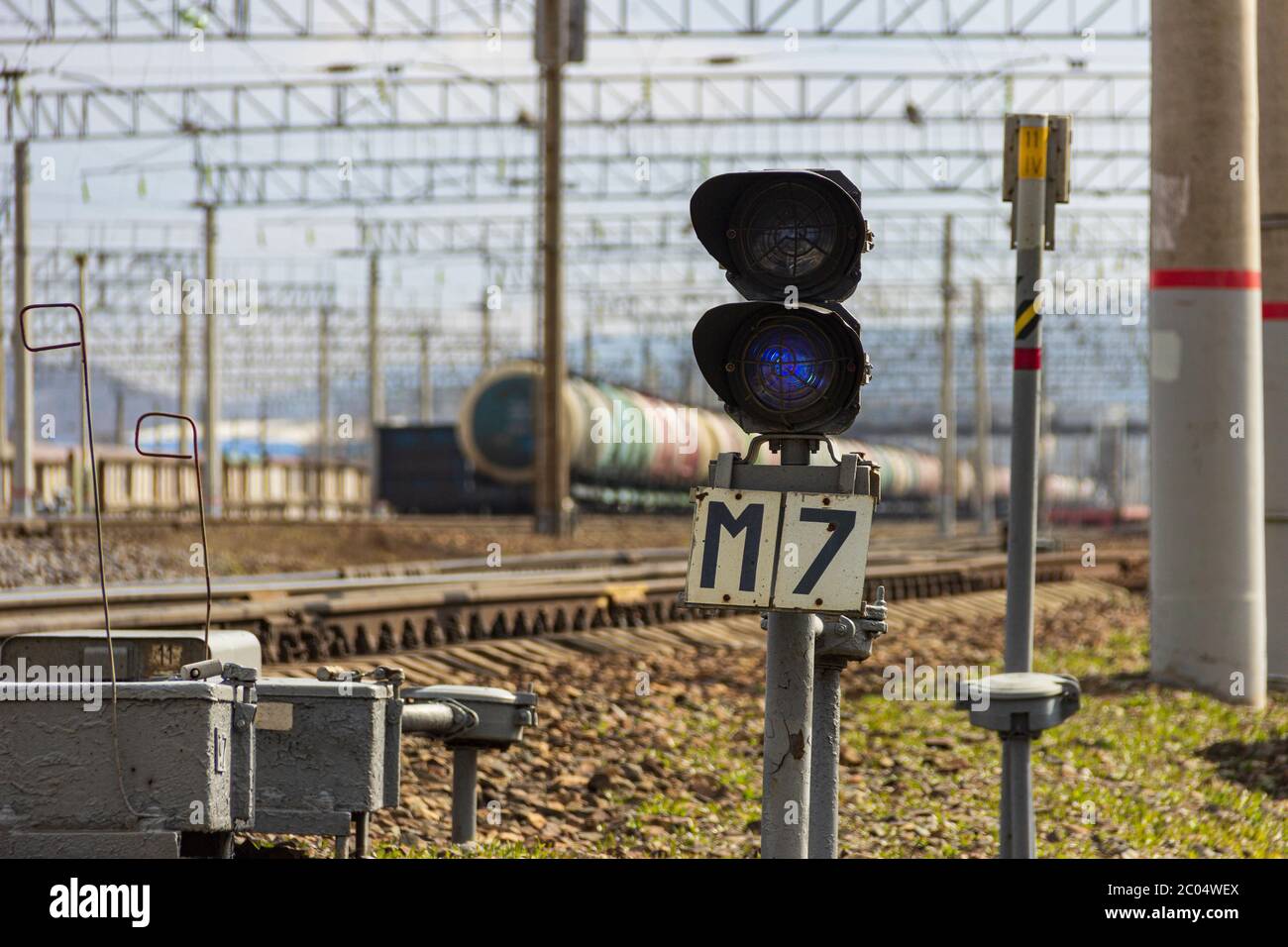 Vladivostok, RUssia - April,26,2020: Blue signal of a railway semaphore ...