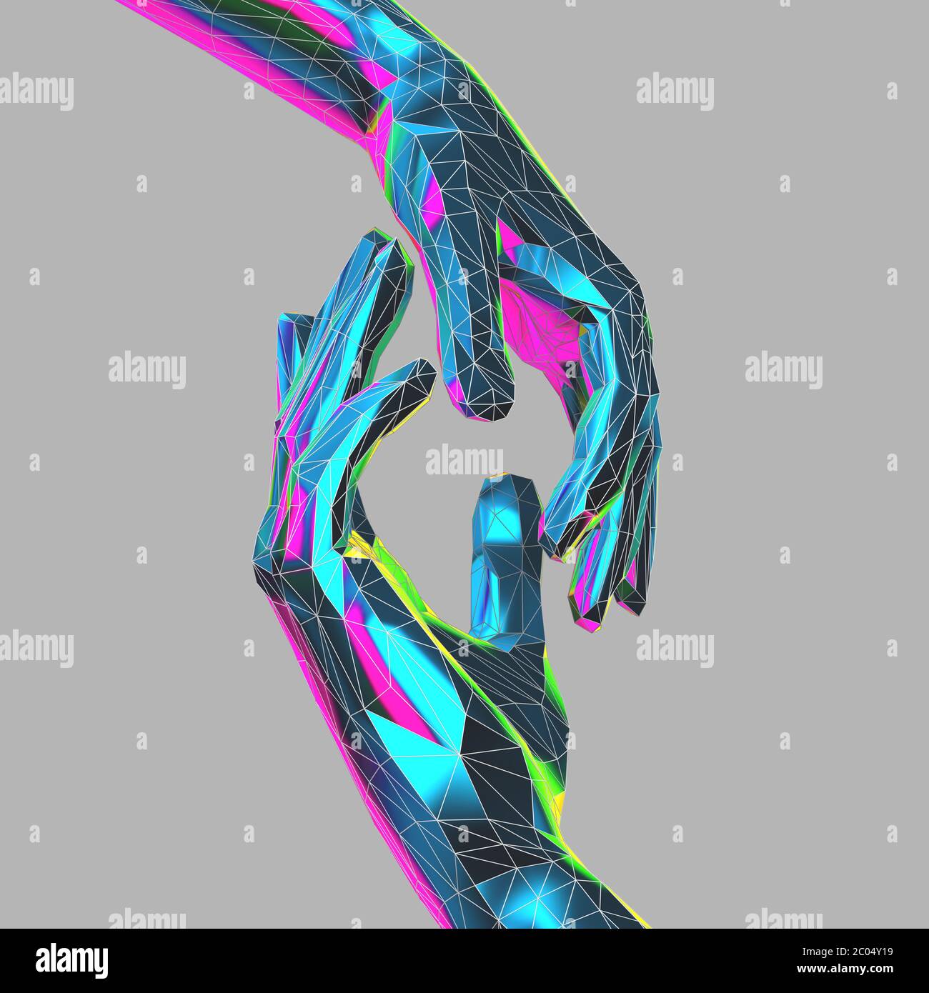 Colorful touching and helping hands in futuristic low poly style - 3d ...