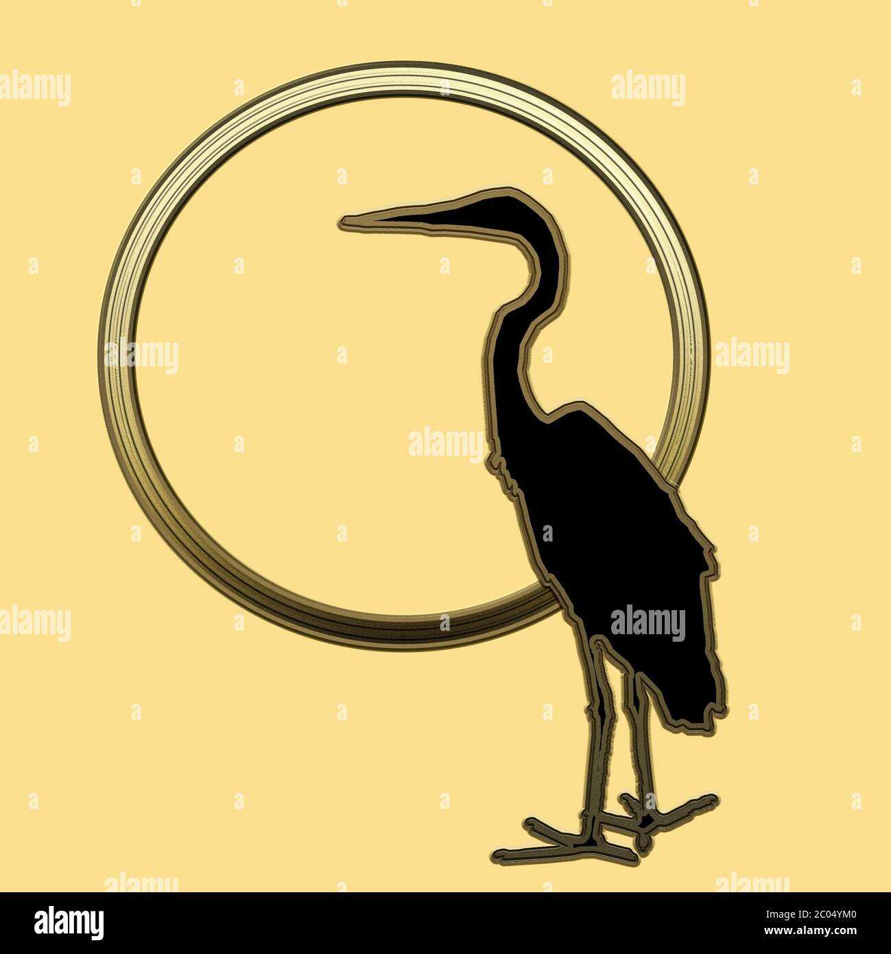 Illustration of a great blue heron in an Art Deco style with a circle ...