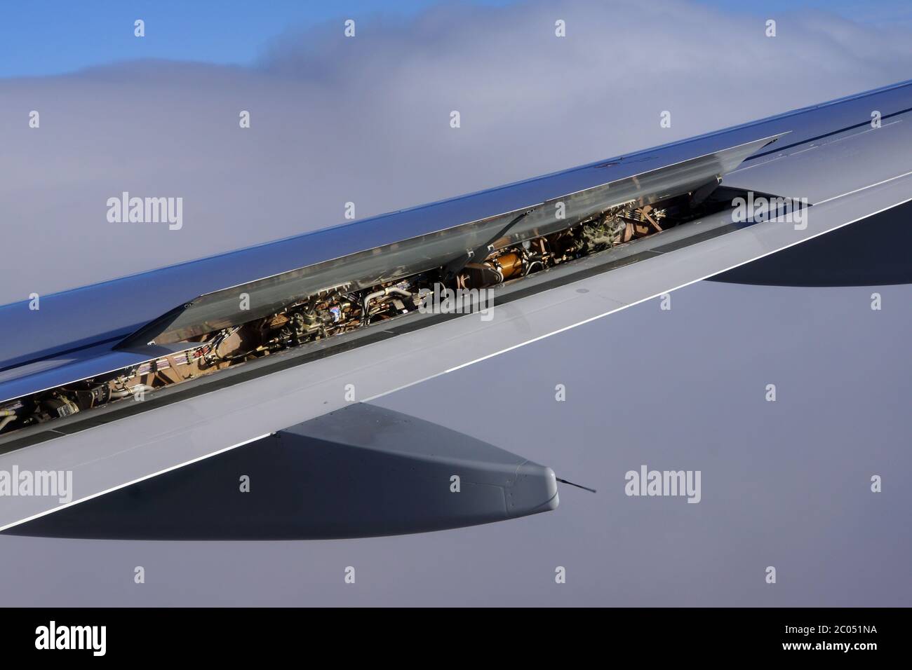 View into the open landing flaps of a wing Stock Photo - Alamy