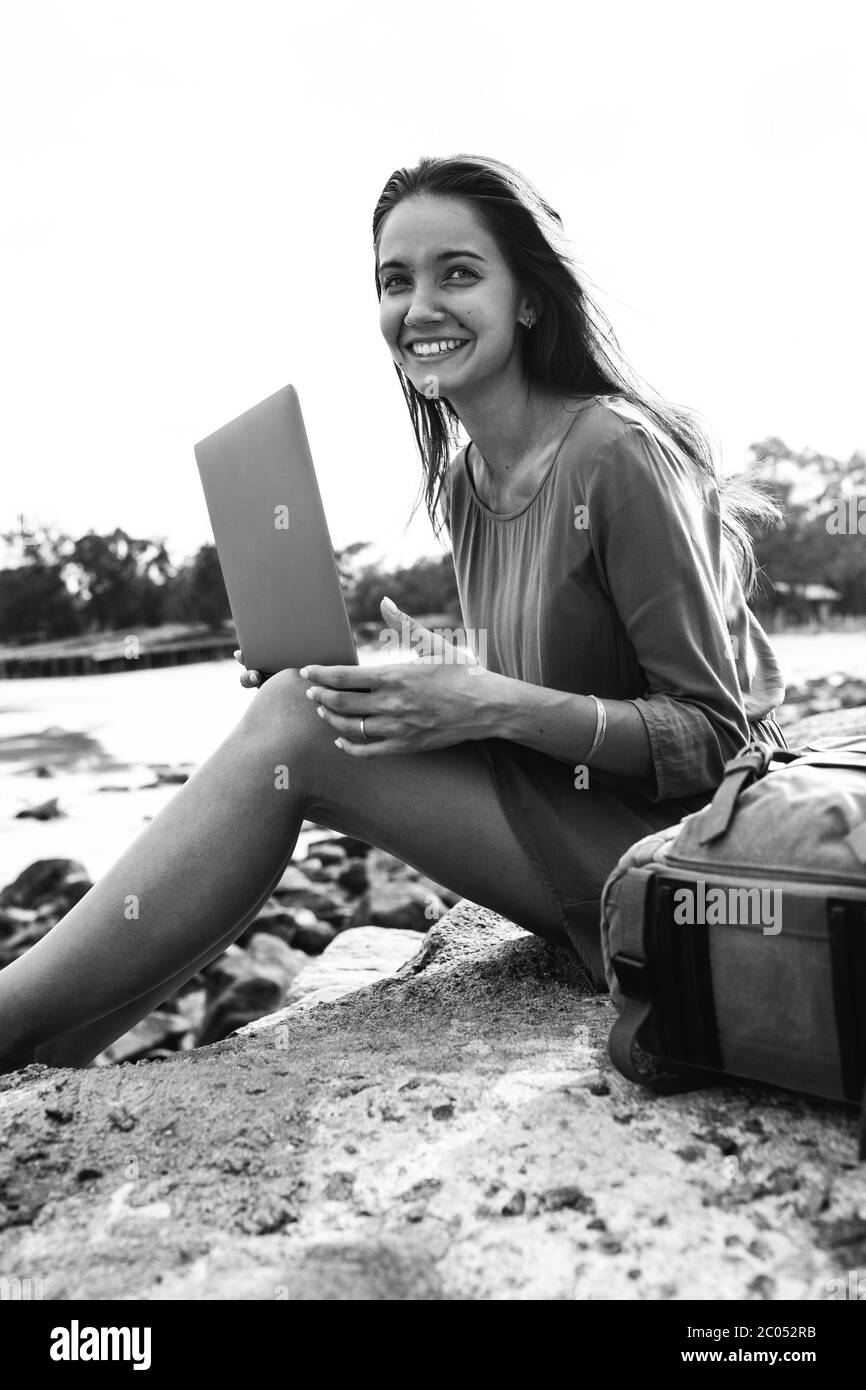 Remote work beach laptop Black and White Stock Photos & Images - Alamy