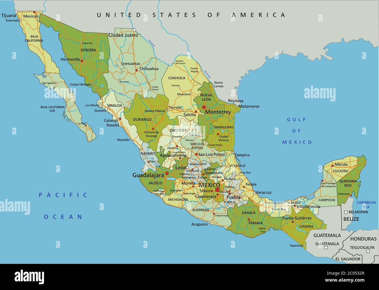 Highly detailed editable political map with separated layers. Mexico ...