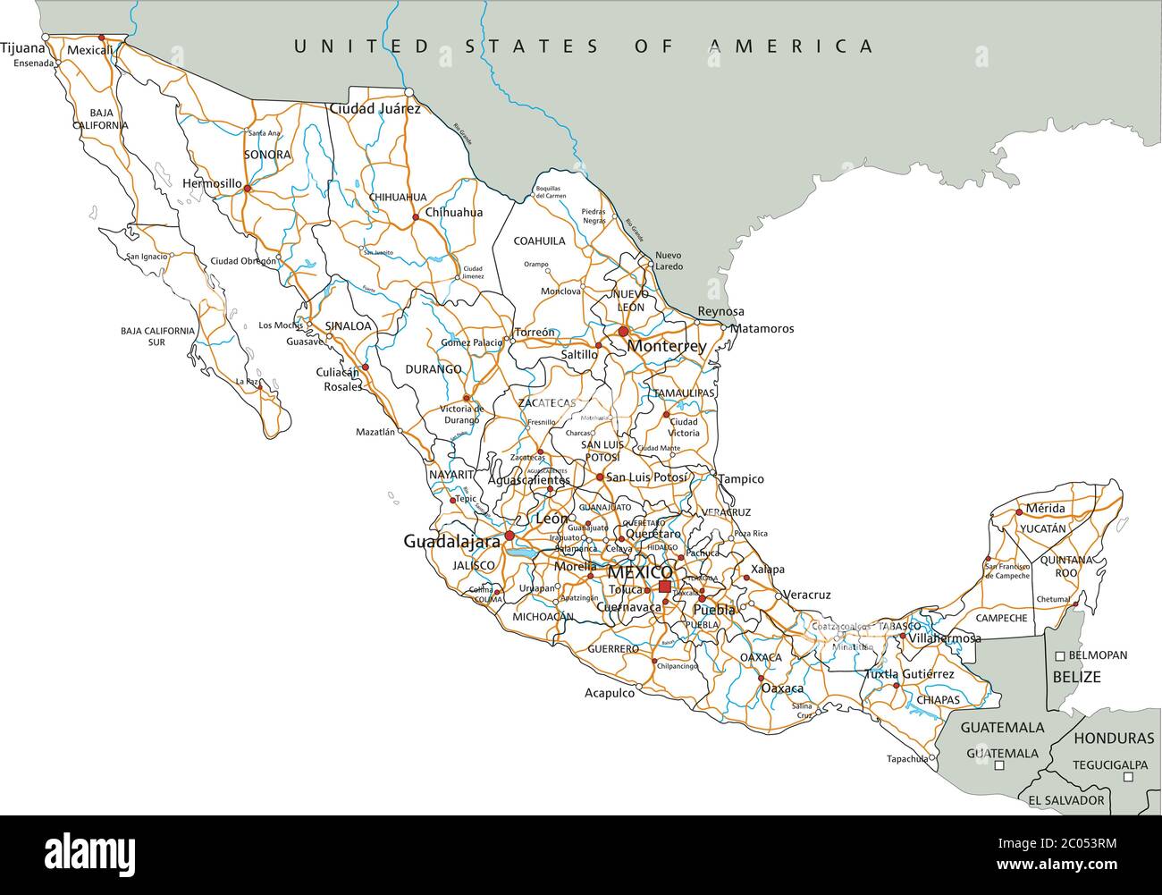 High Detailed Mexico Road Map With Labeling Stock Vector Image Art