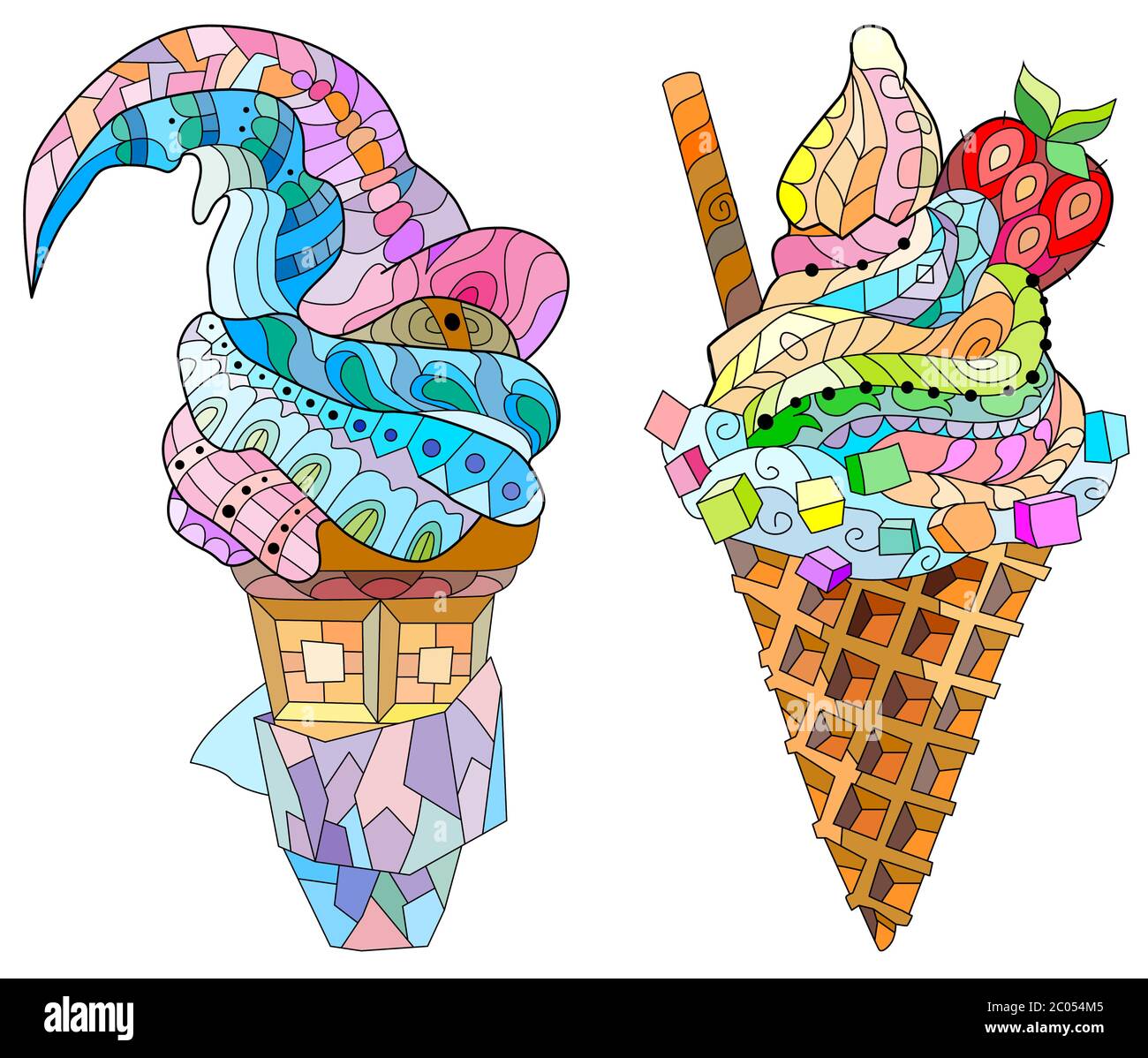 Set of hand drawn colorful zentangle ice cream illustration Stock ...