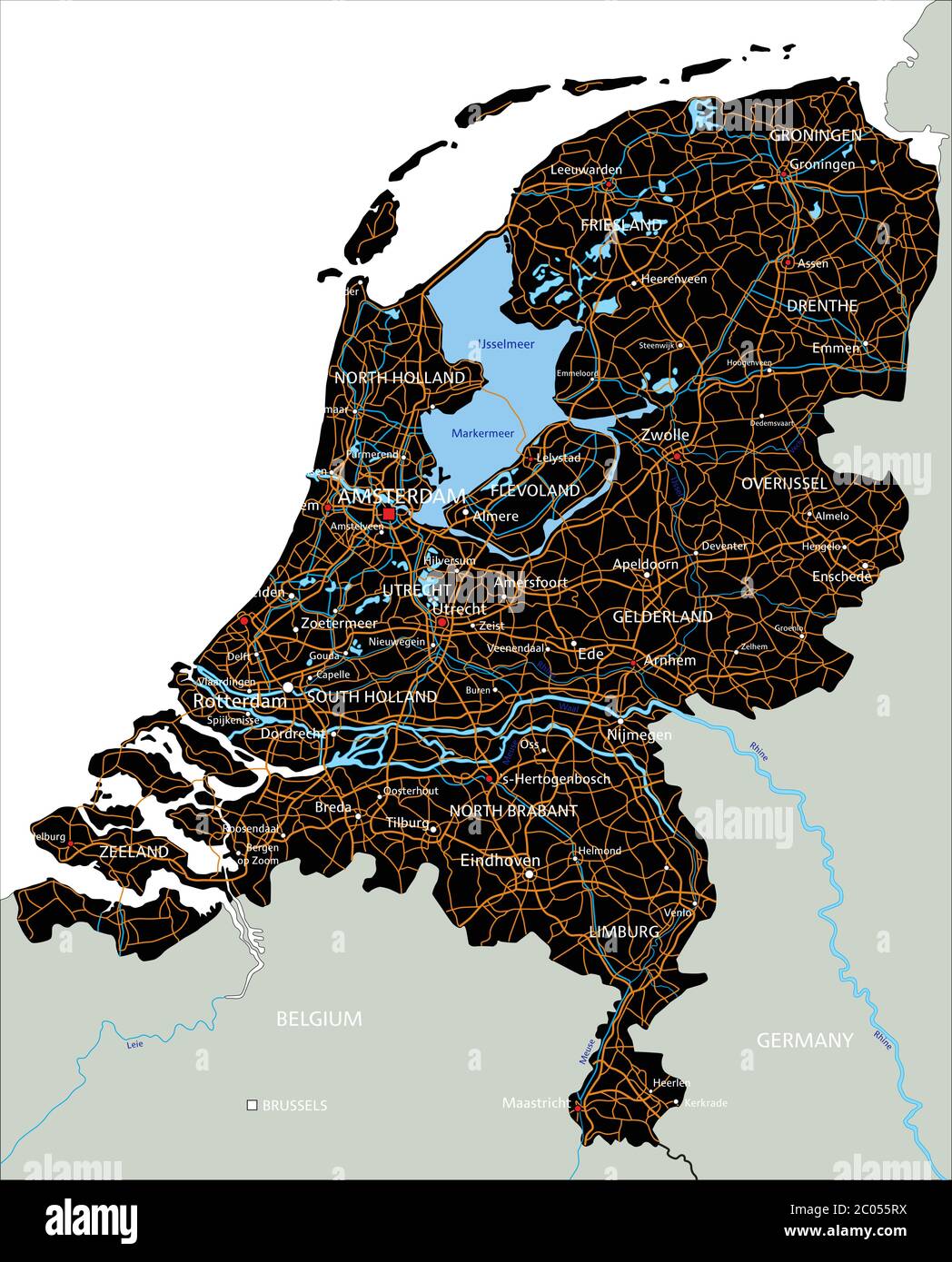 High detailed Netherlands road map with labeling Stock Vector Image ...