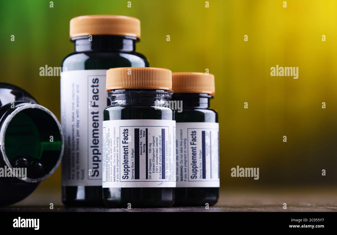 Composition with dietary supplement containers. Drug pills Stock Photo ...