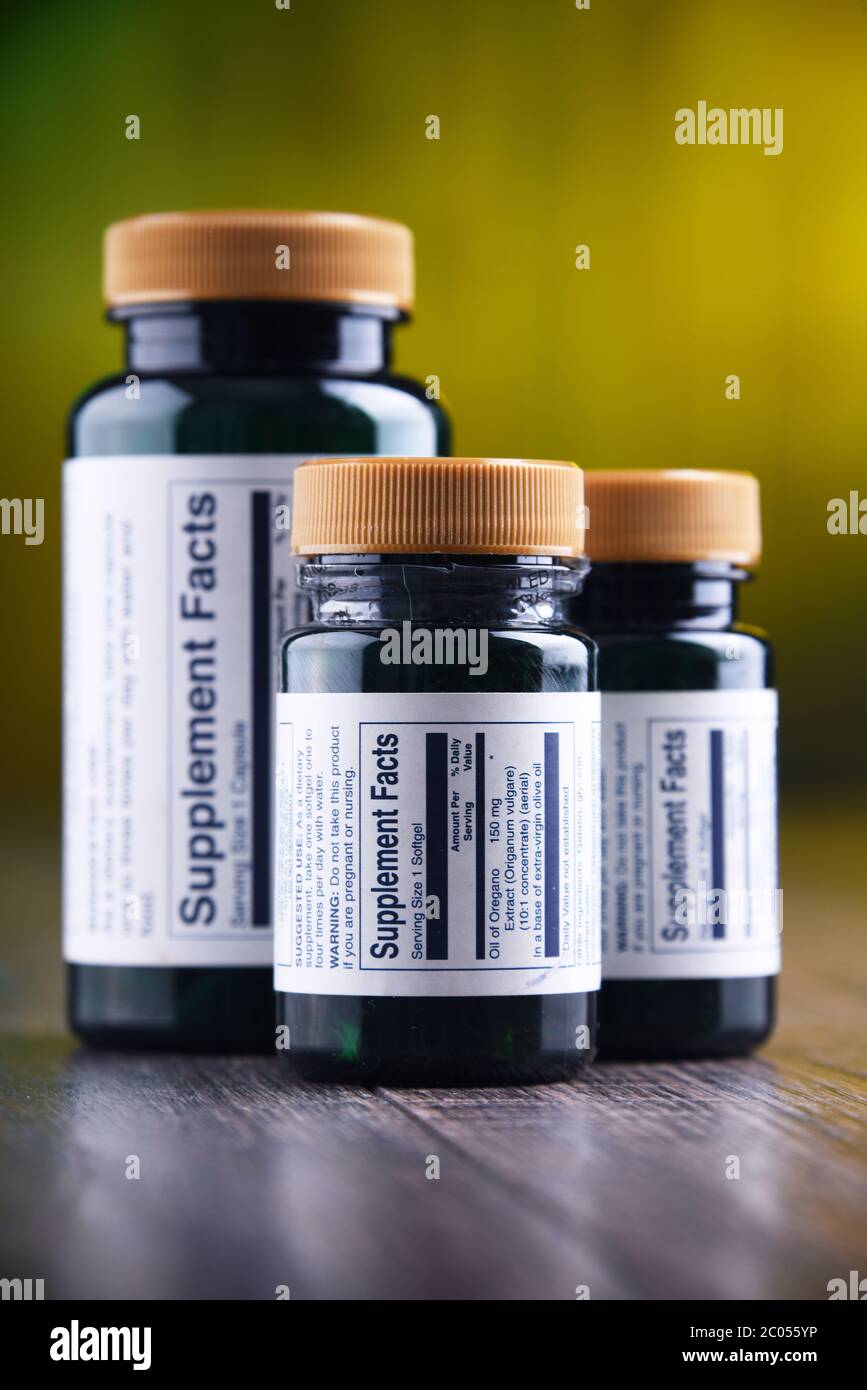 Composition with dietary supplement containers. Drug pills Stock Photo ...