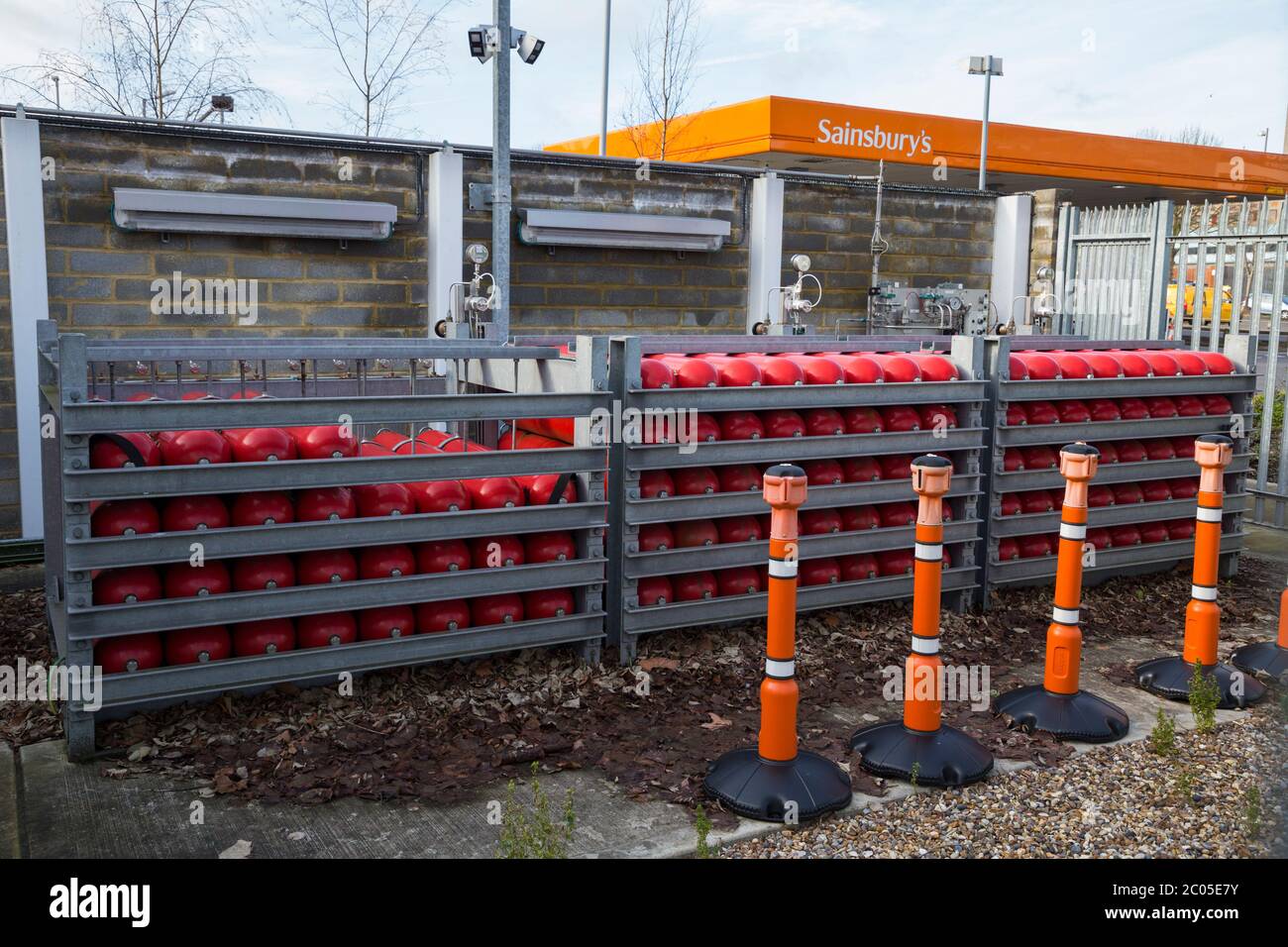 Storage rack of hydrogen bottles / bottled gas at fuel station ...