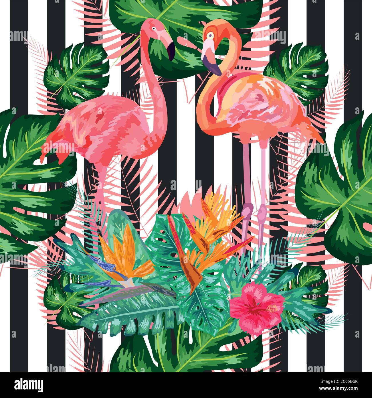 Seamless pattern with dark blue grunge stripes and pink flamingo. Pink ...