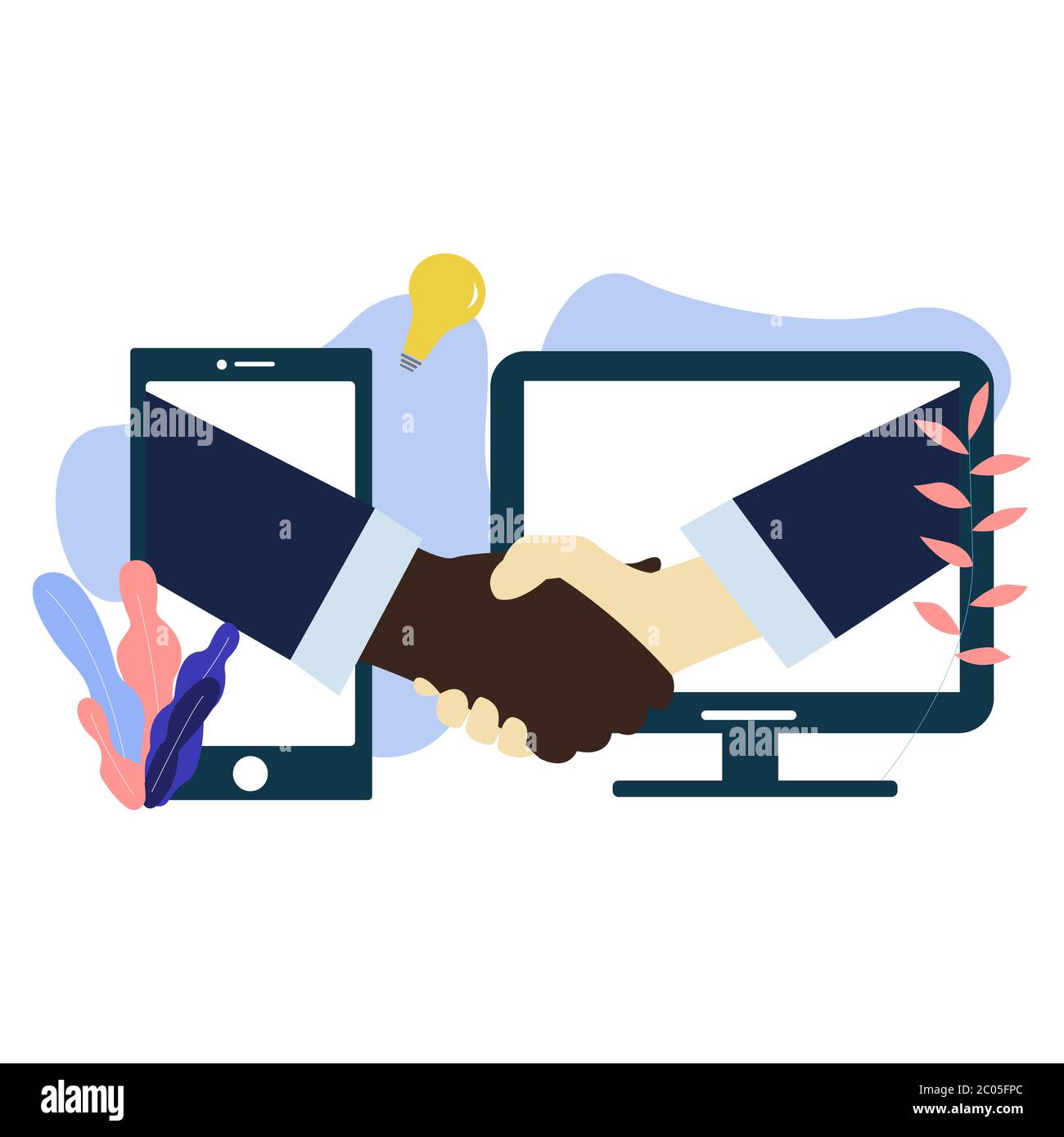 White and black American people shaking hands through computer and ...