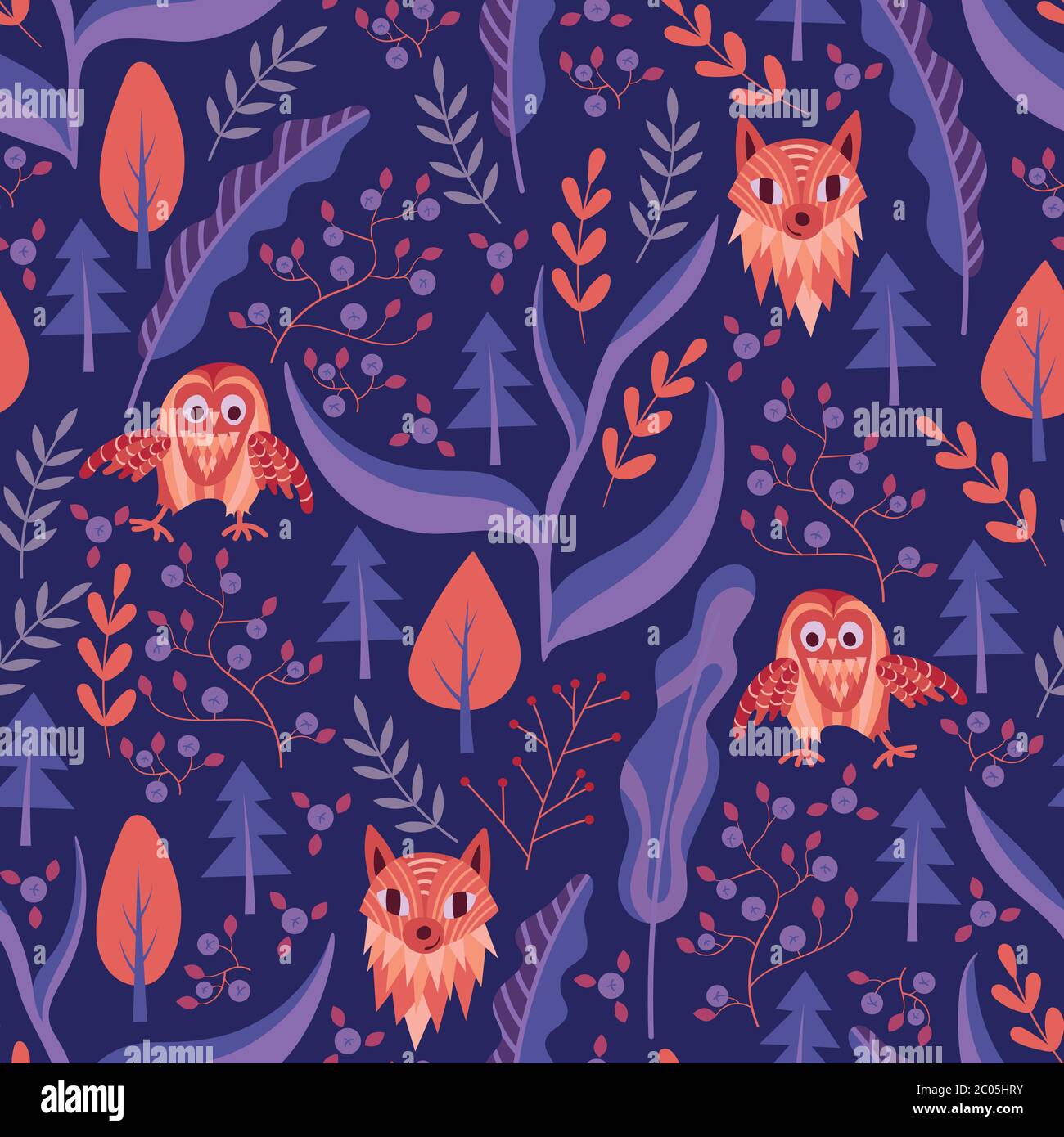 Woodland seamless pattern with cute owls and foxes. Dark floral ...