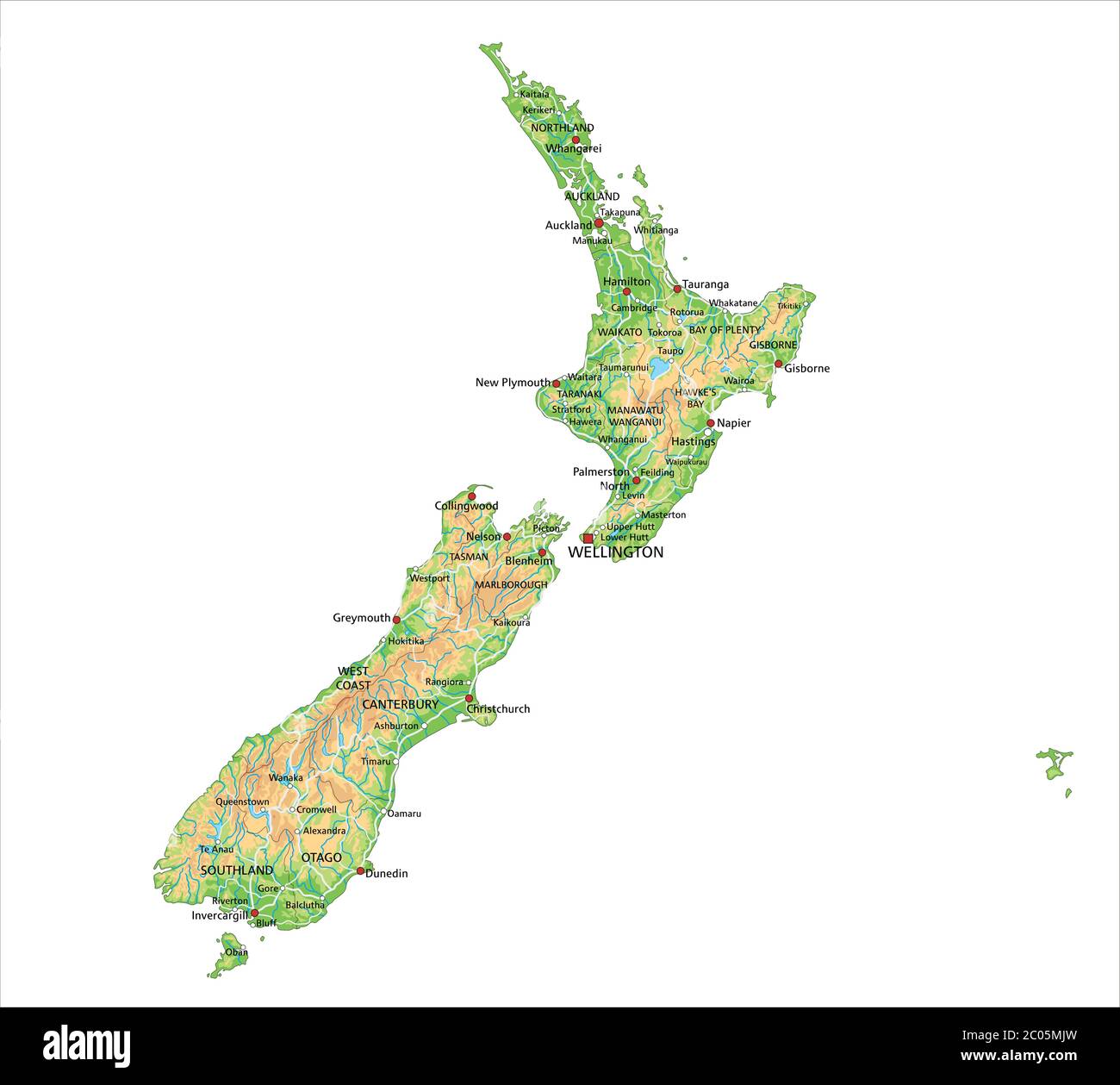 High detailed New Zealand physical map with labeling Stock Vector Image ...