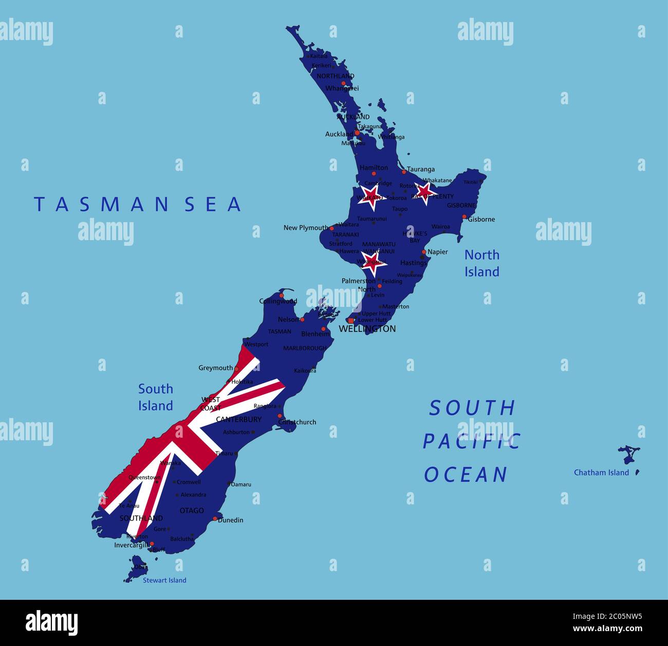 New Zealand highly detailed political map with national flag isolated ...