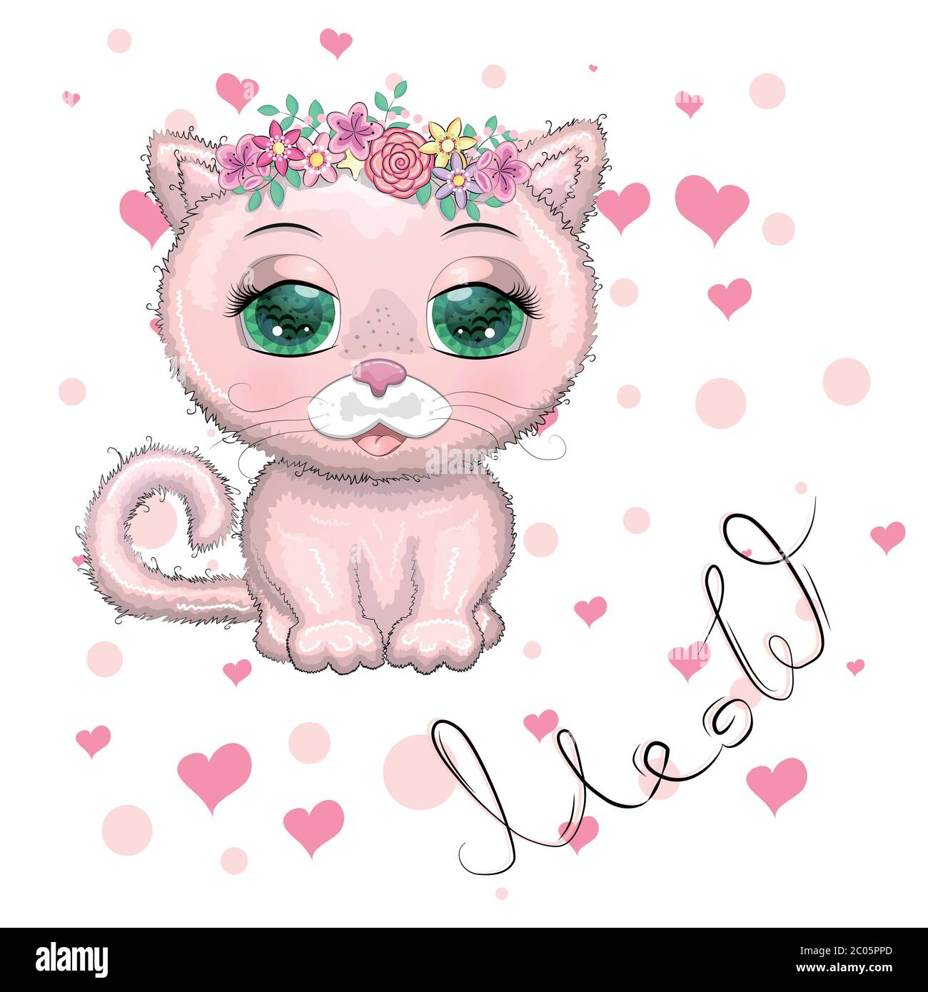 Cute cartoon pink cat, kitten on a background of flowers among ...