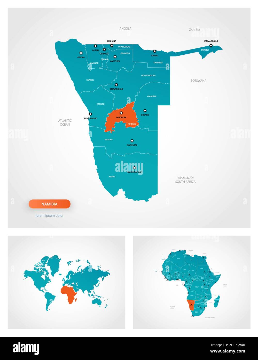 Editable template of map of Namibia with marks. Namibia on world map ...