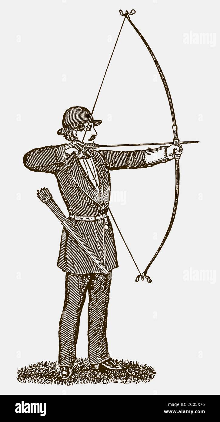 Elegant archer from the 19th century in a suit, wearing a hat and ...